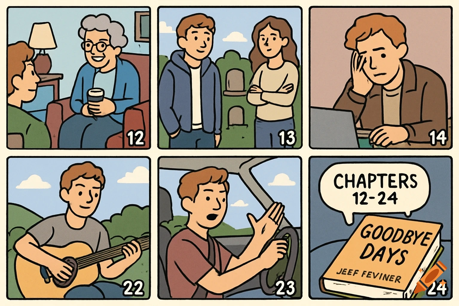 A six-panel cartoon comic strip depicting various scenes with people ...