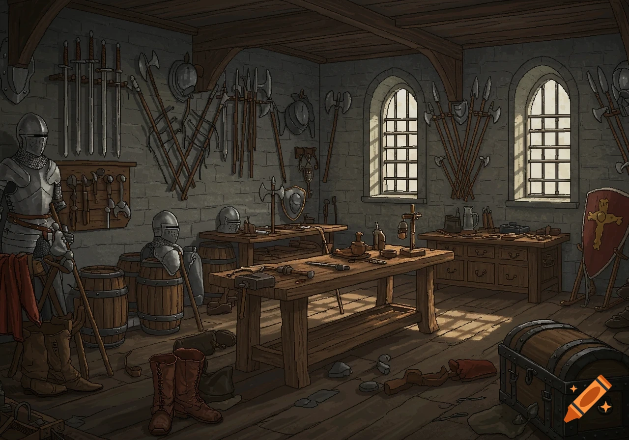 Pixel art armory in a castle with armor, weapons, and workbenches. on Craiyon
