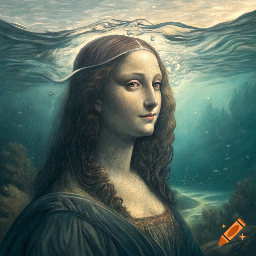Portrait of the Mona Lisa underwater with waves and a landscape below ...