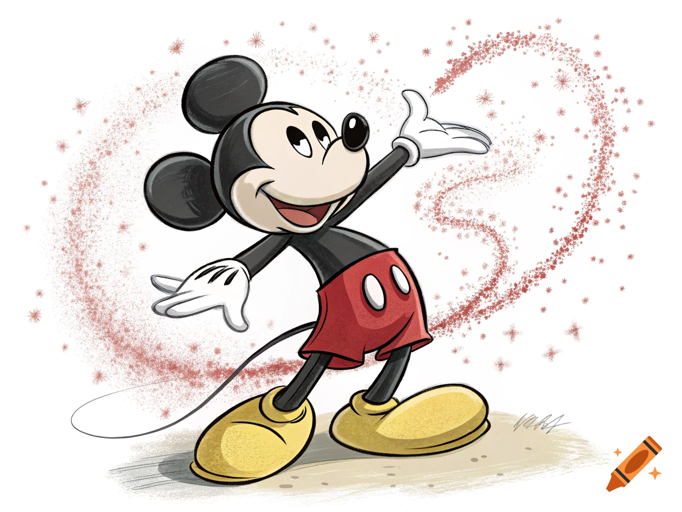 Mickey Mouse standing with one arm raised, surrounded by red sparkling ...
