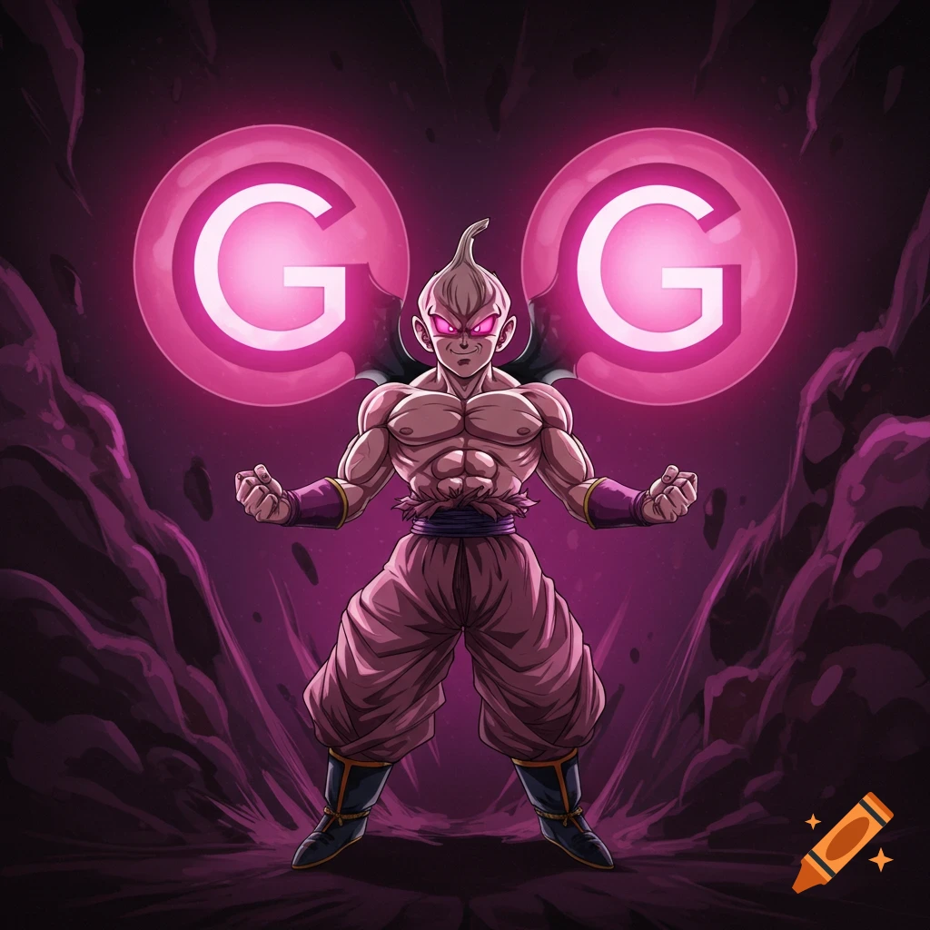 Stylized anime character resembling Kid Buu with glowing pink G symbols ...