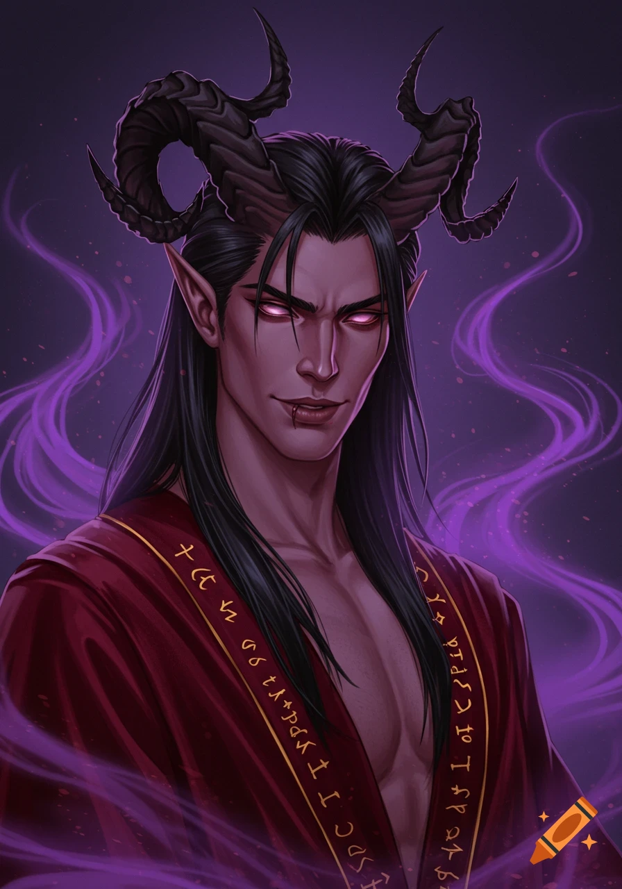 A male Tiefling sorcerer with black horns and glowing eyes in a red ...