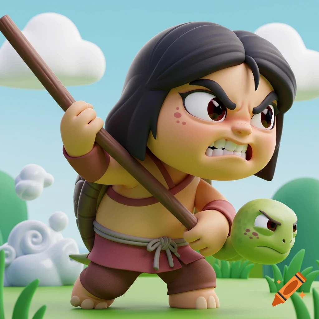 3D cartoon character with dark hair, wearing a turtle shell, holding a ...