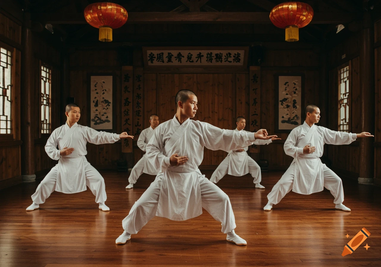 Several monks in white robes practice a martial arts stance in a ...