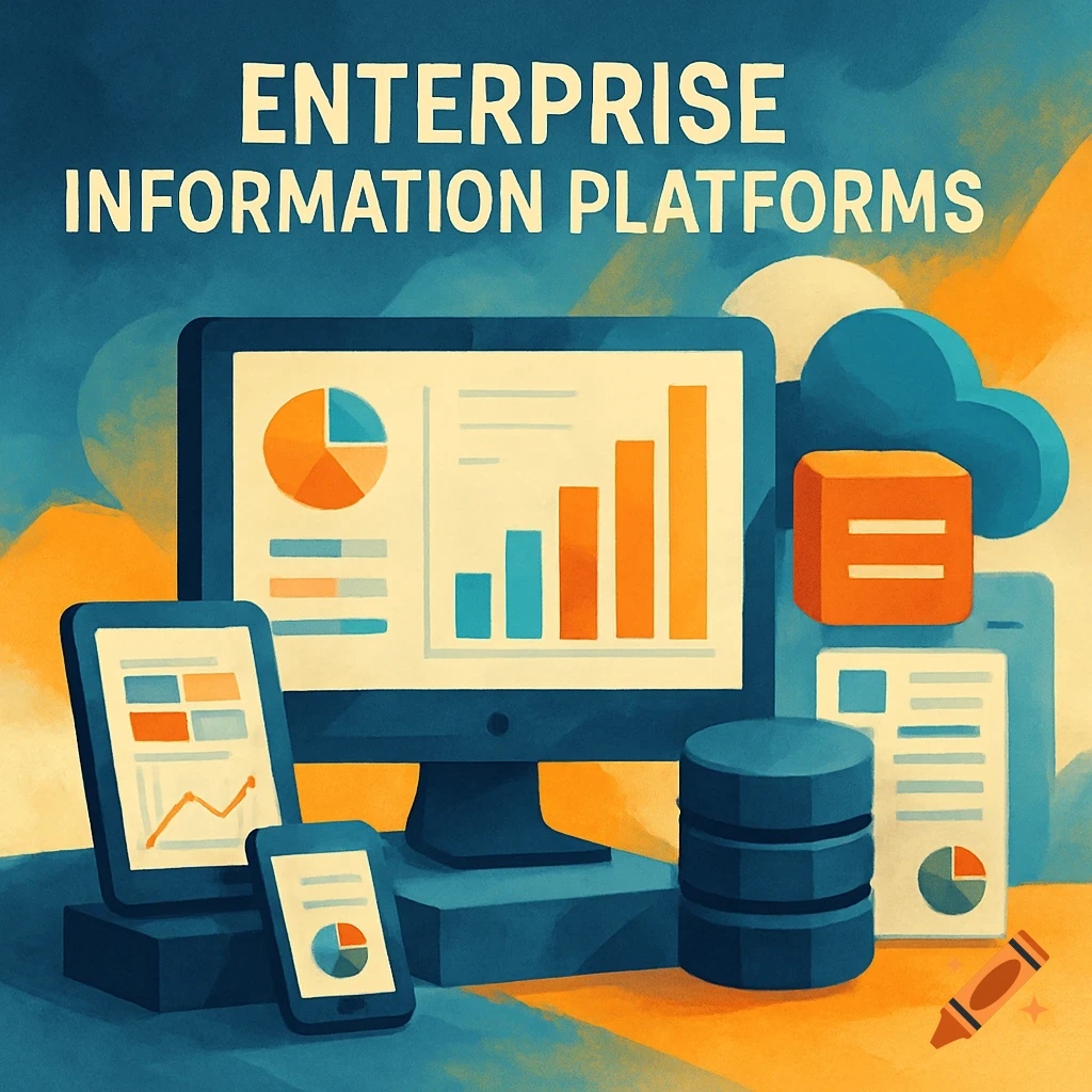 Digital illustration of computers, tablets, phone, database, and cloud with text 'ENTERPRISE ...