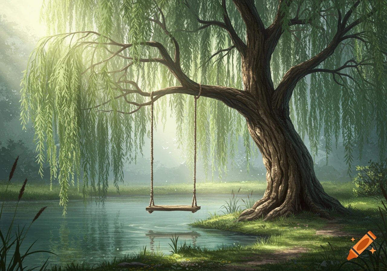Sunlit landscape of a large willow tree over water with a wooden swing ...