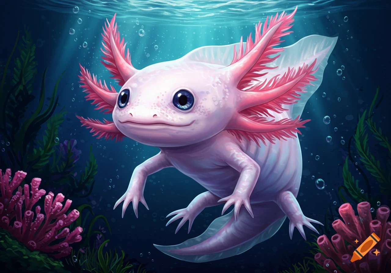 A cute cartoon axolotl swims in the ocean with coral and seaweed. on Craiyon