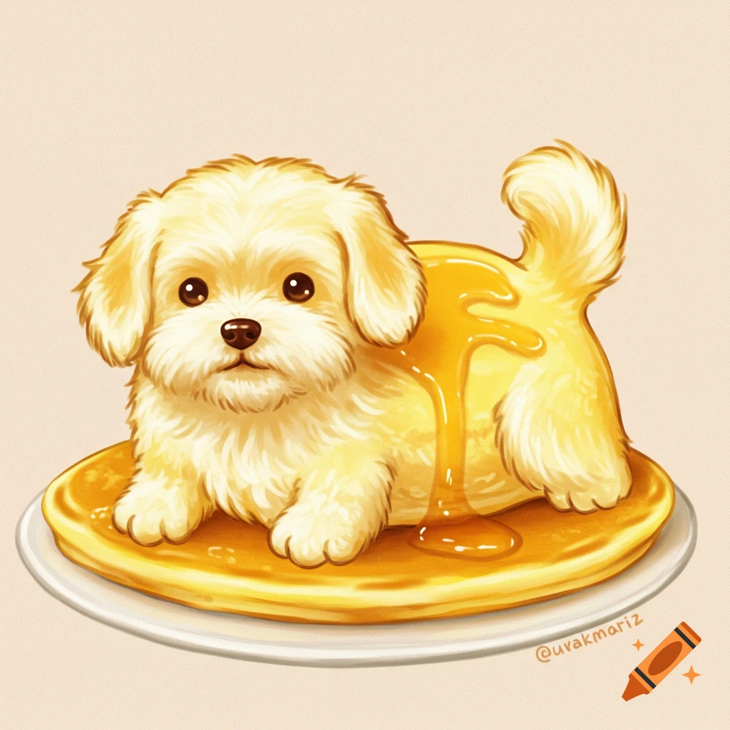 Illustration of a cute fluffy puppy emerging from a pancake covered in ...