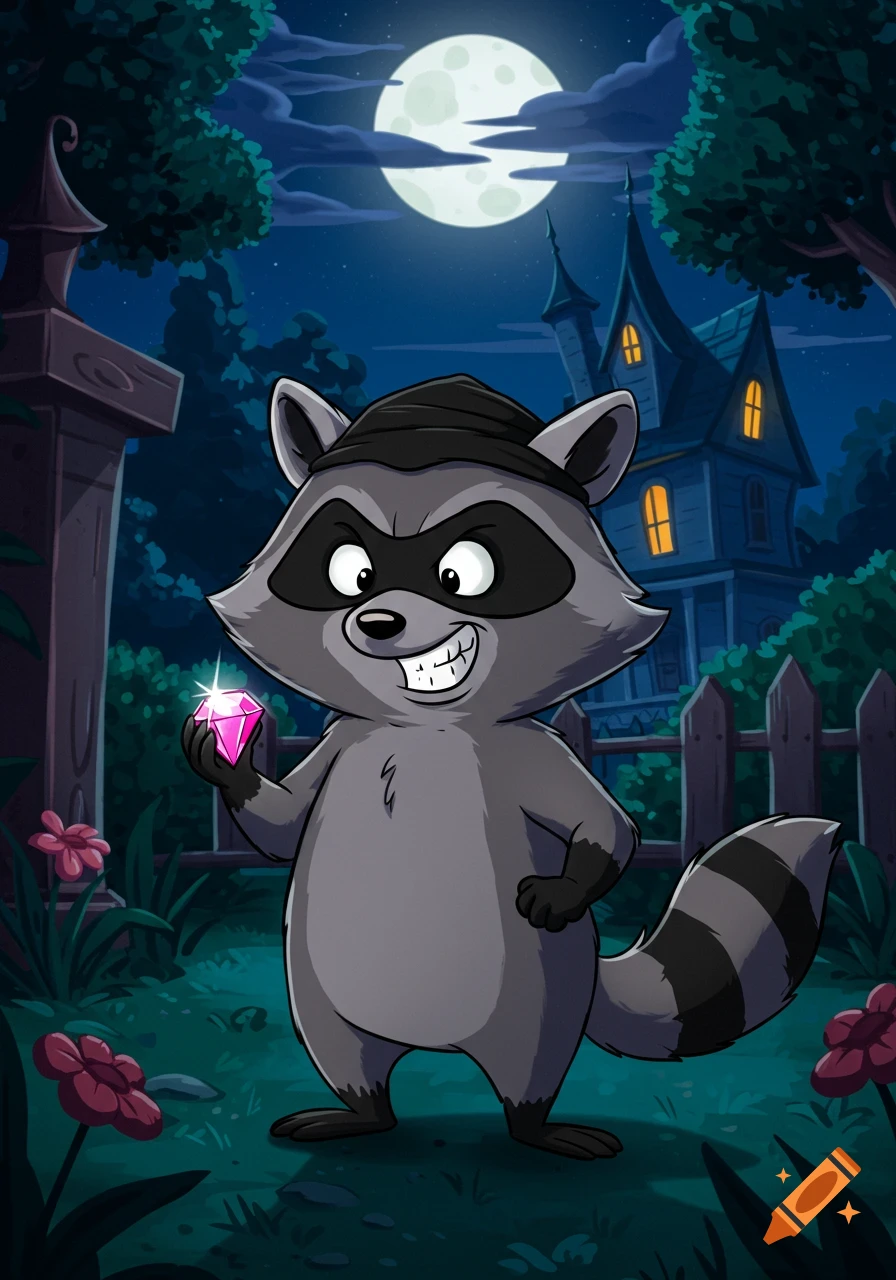 Cartoon raccoon thief holding a pink gem under a full moon at night, in ...