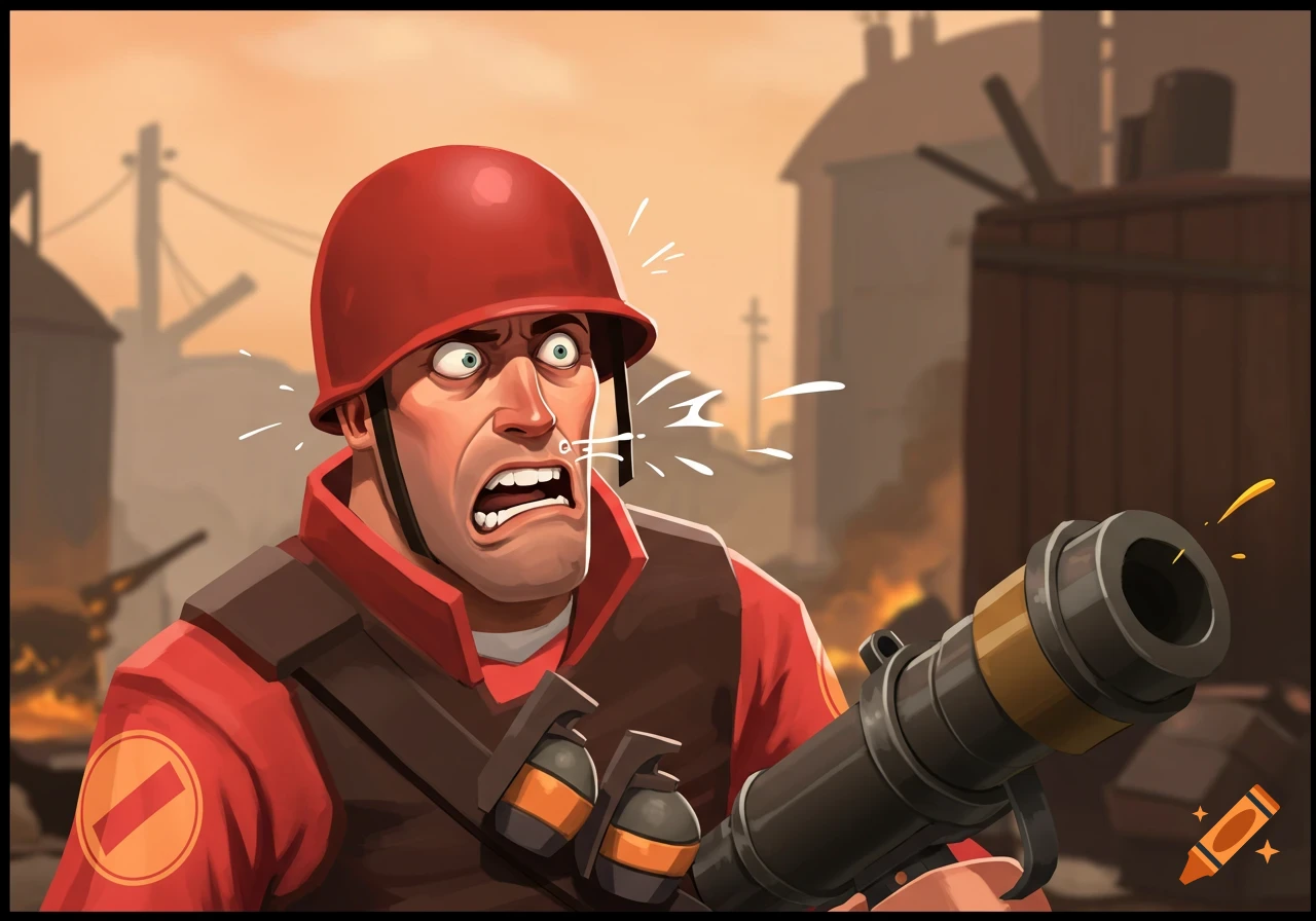 Team Fortress 2 red soldier sneezing in a warzone, cartoon style. on ...