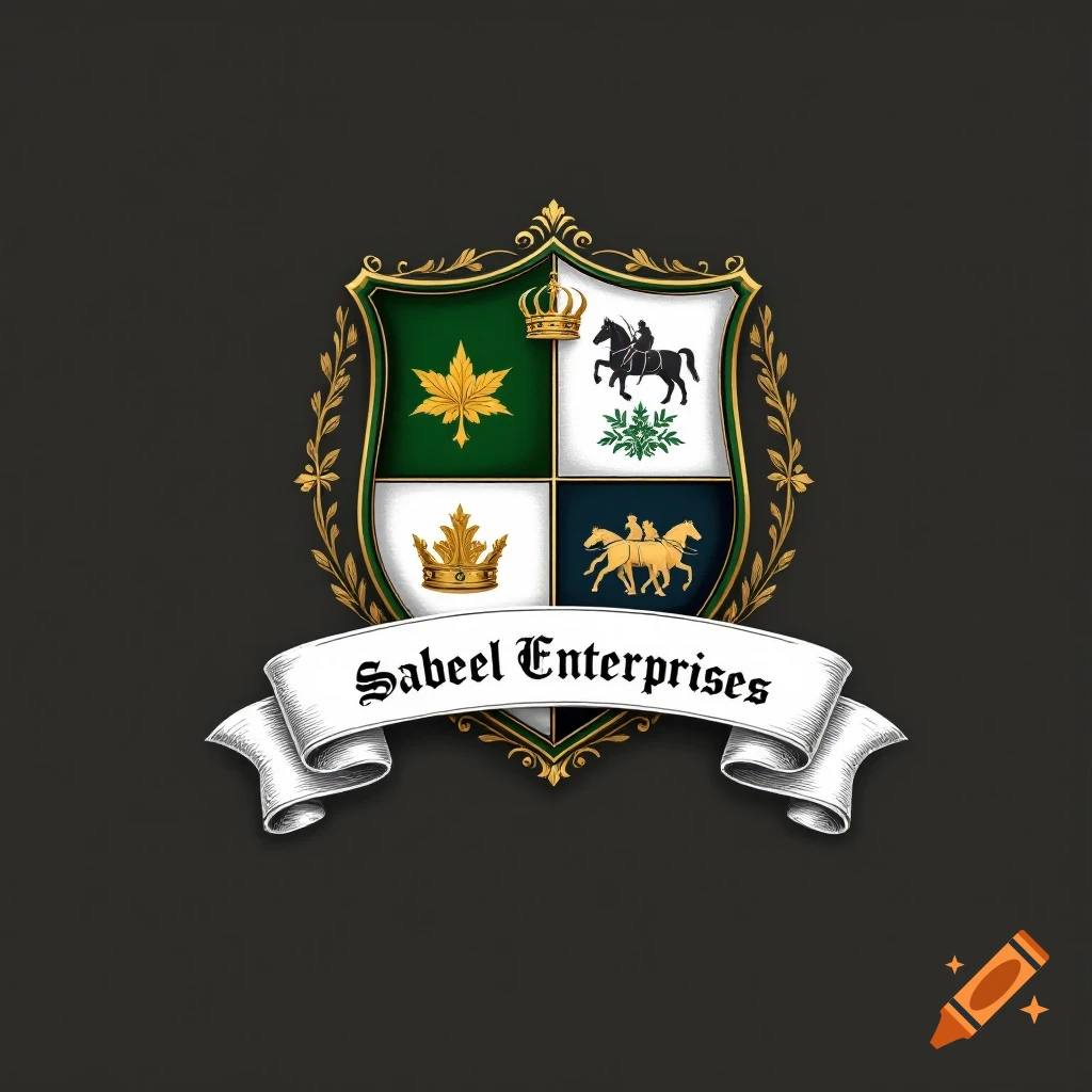 A detailed coat of arms emblem featuring a maple leaf, crowns, and horses, with a banner at the ...