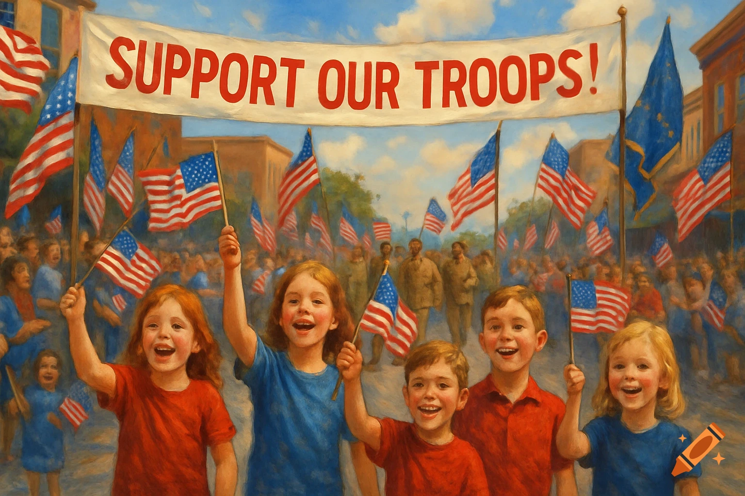 Children wave American flags in a patriotic parade with a 'Support Our ...
