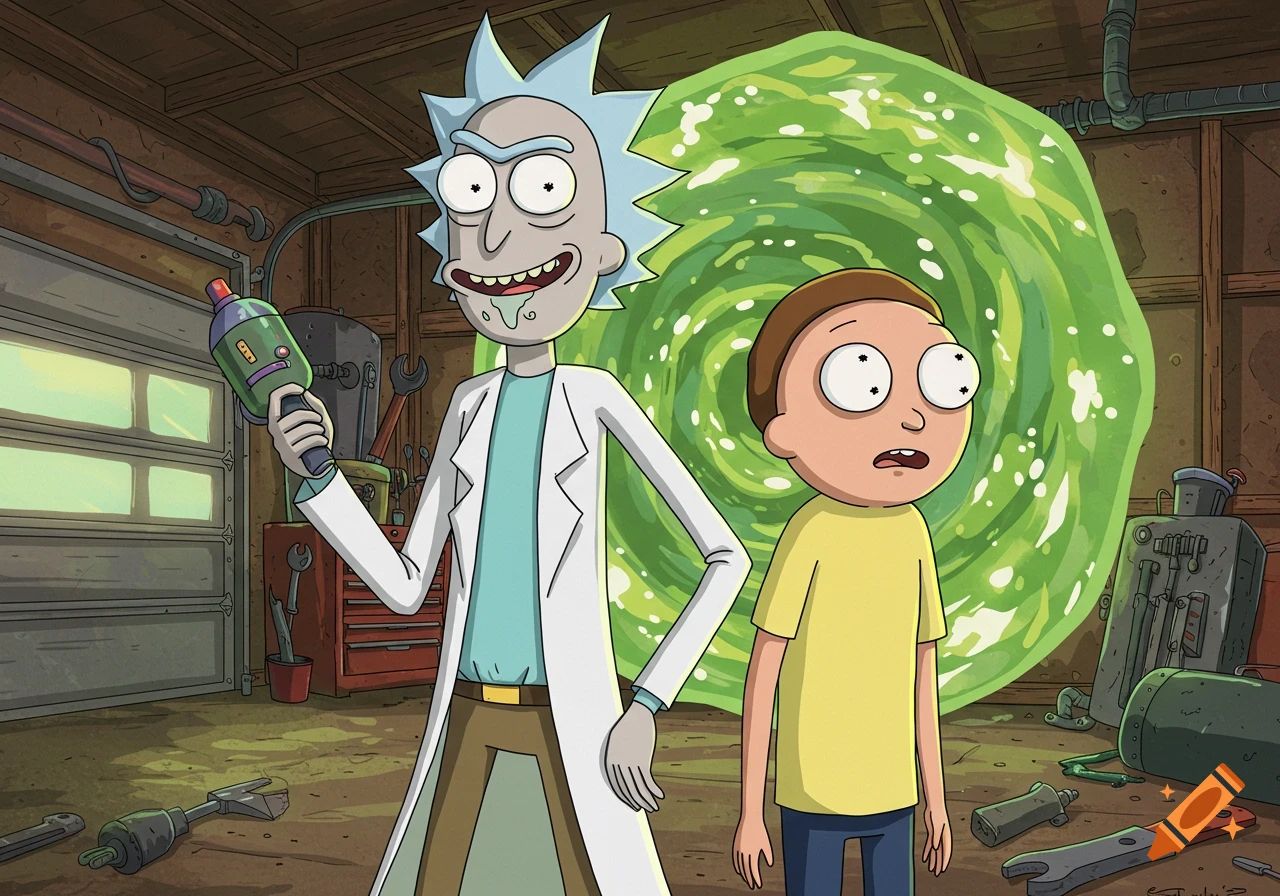Rick and Morty stand in a messy garage with a green portal. on Craiyon
