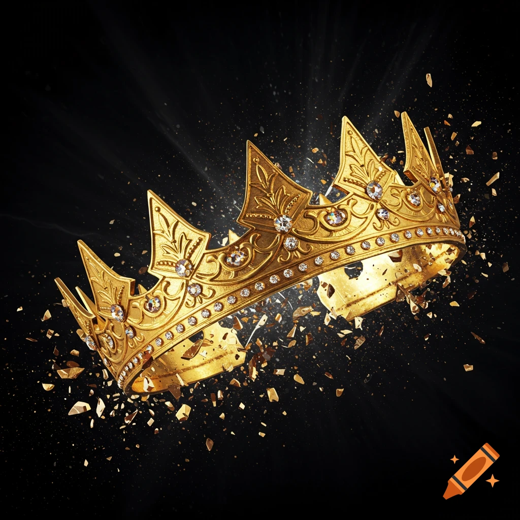 A detailed golden crown shatters into pieces against a dark background ...