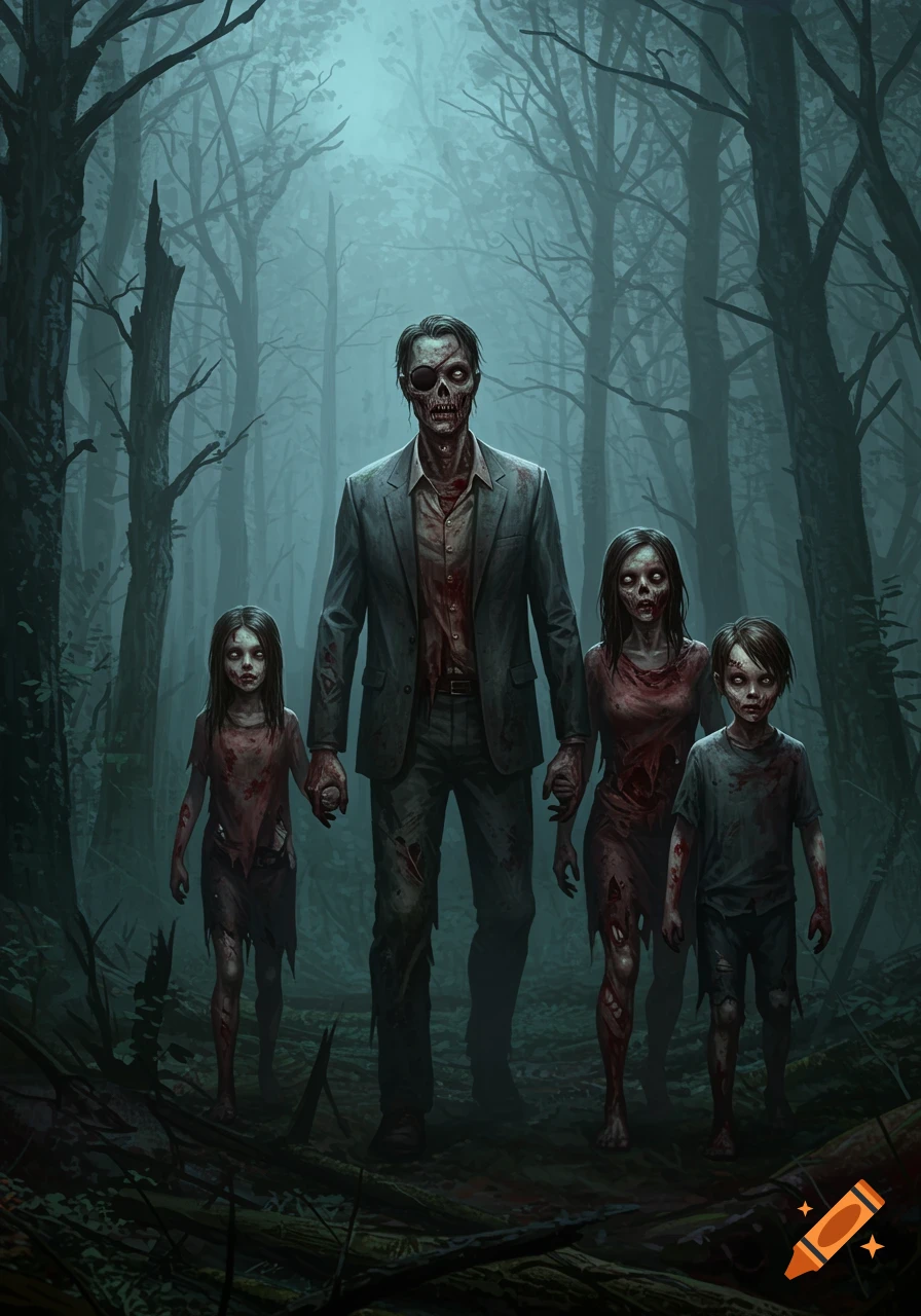 A zombie family walks through a dark, foggy forest. on Craiyon