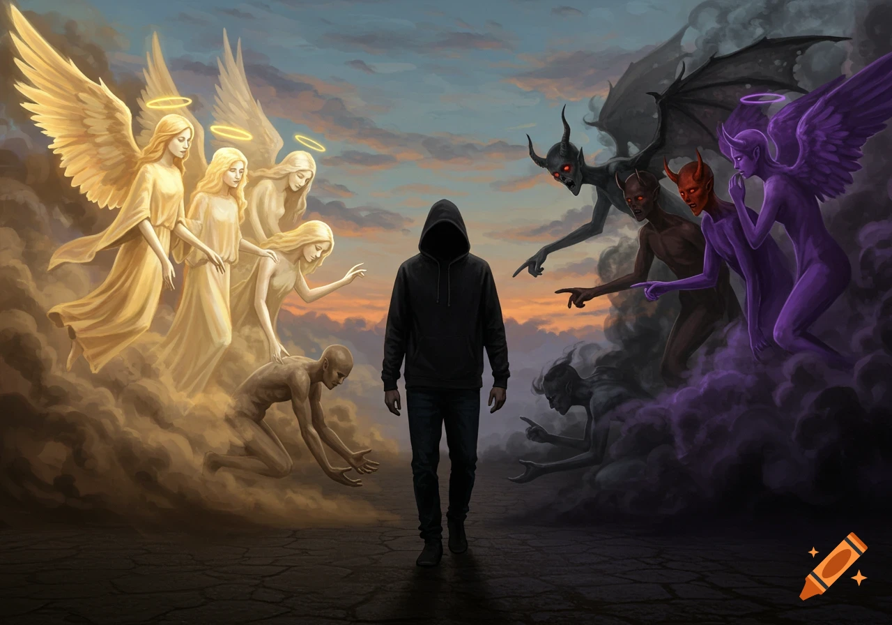 Hooded figure walks between groups of angels and demons in a cloudy ...