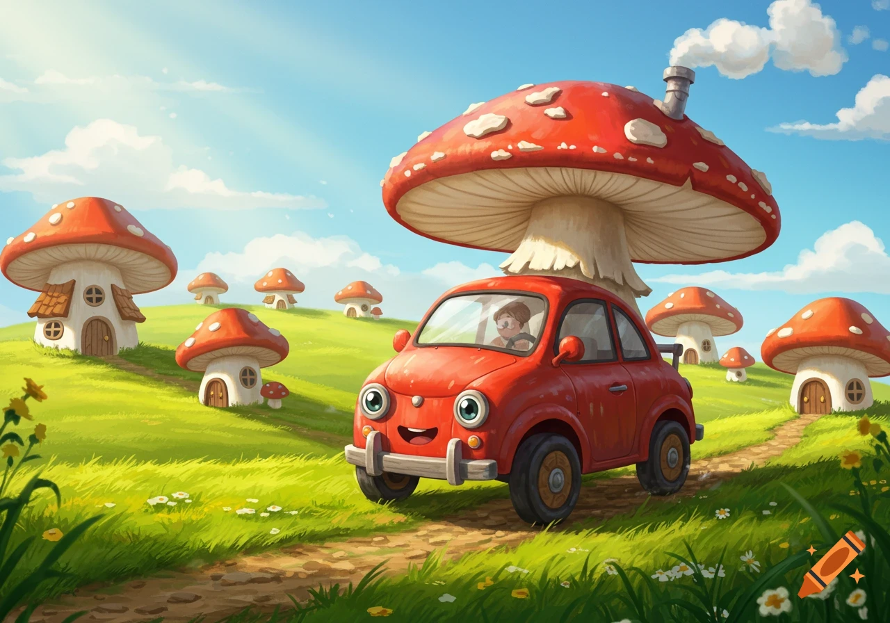 A red mushroom car drives past mushroom houses in a grassy field. on ...