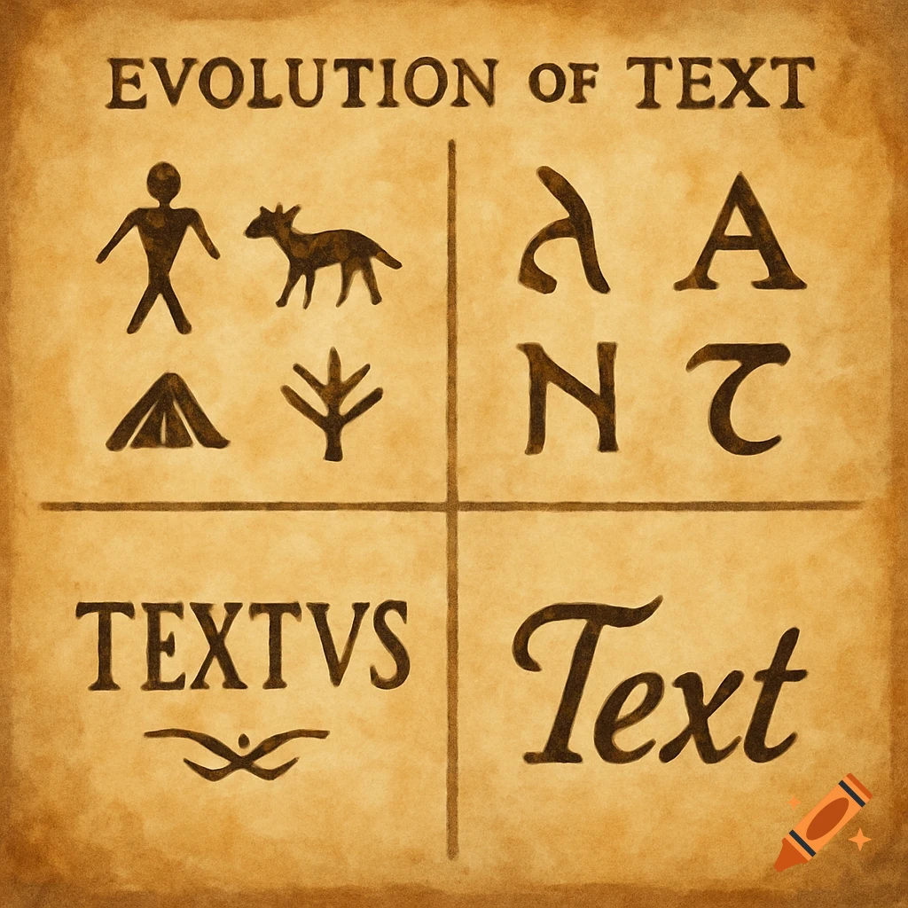 Diagram on aged paper showing the evolution of text from ancient ...