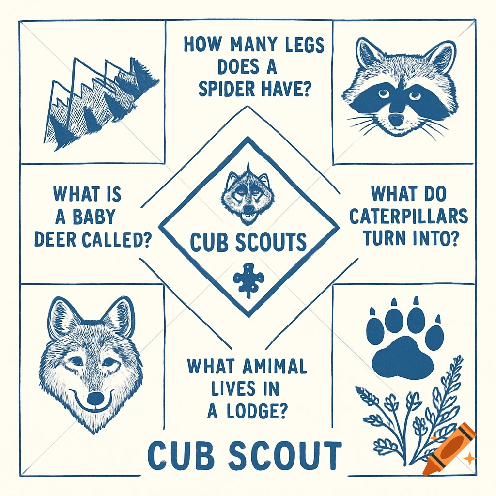 Cub Scout themed illustration with nature questions and drawings of ...