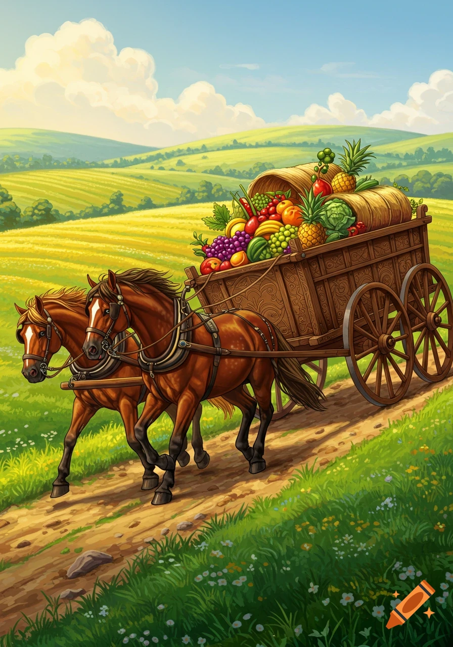 Two horses pull a wooden cart overflowing with fruits and vegetables down a road through a sunny ...