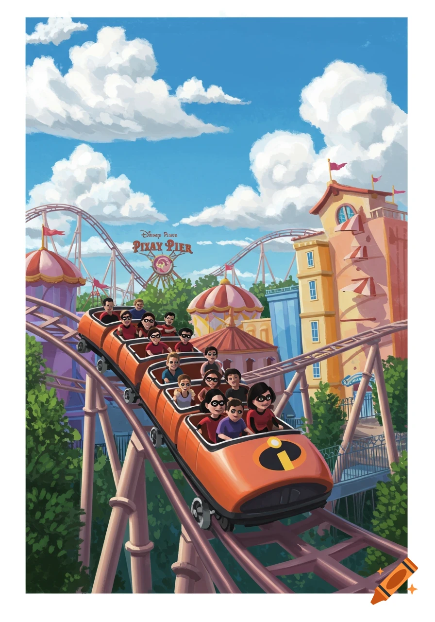 A cartoon illustration of people riding the Incredicoaster roller ...