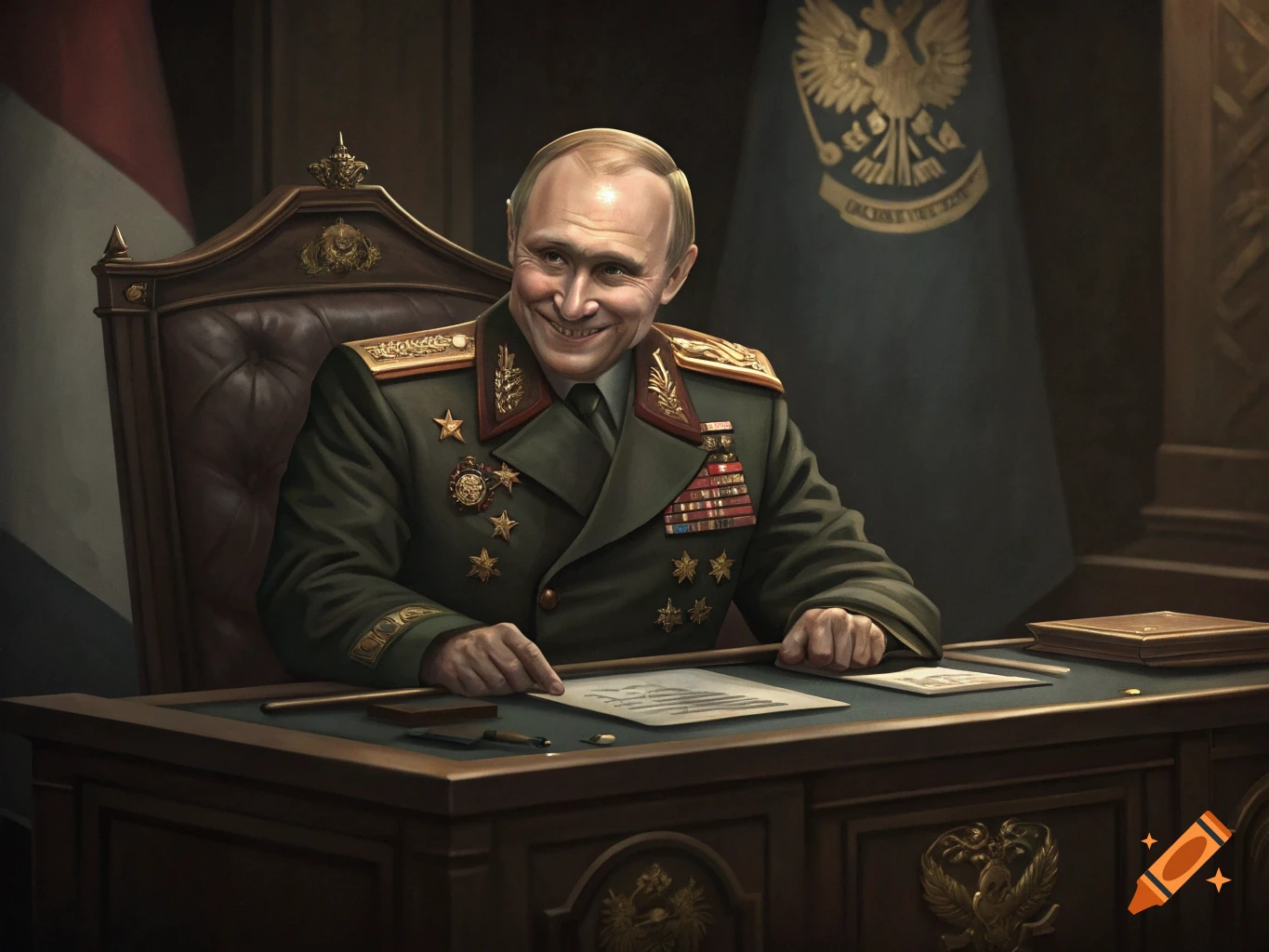 Vladimir Putin in military uniform sits at a desk with a large grin. on ...
