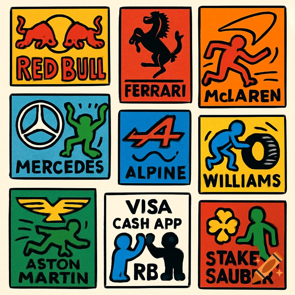 Grid of F1 team logos rendered in the style of Keith Haring with text ...