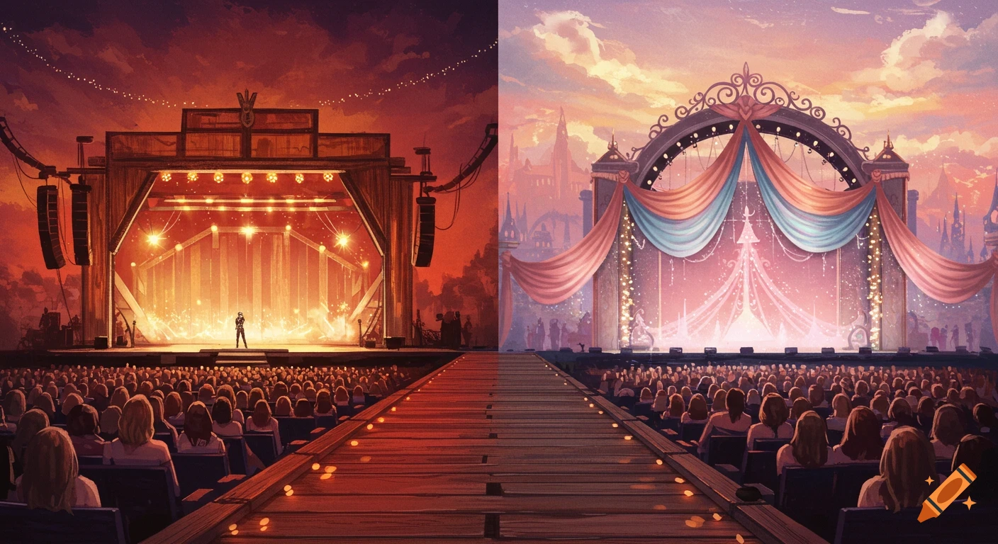 Two concert stages side by side, one rustic with orange lights and one ...