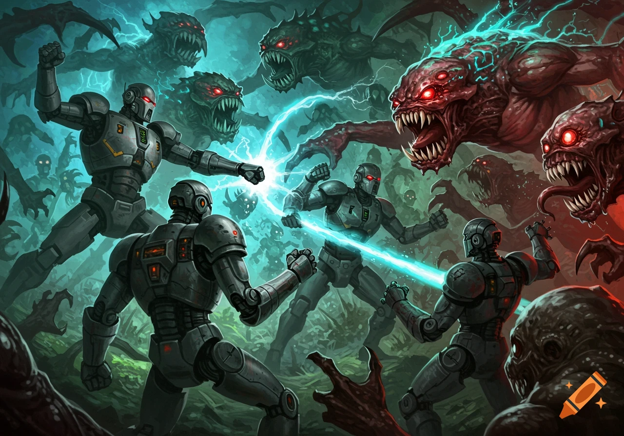 Robots battle a horde of monsters in a dark, stylized scene. on Craiyon