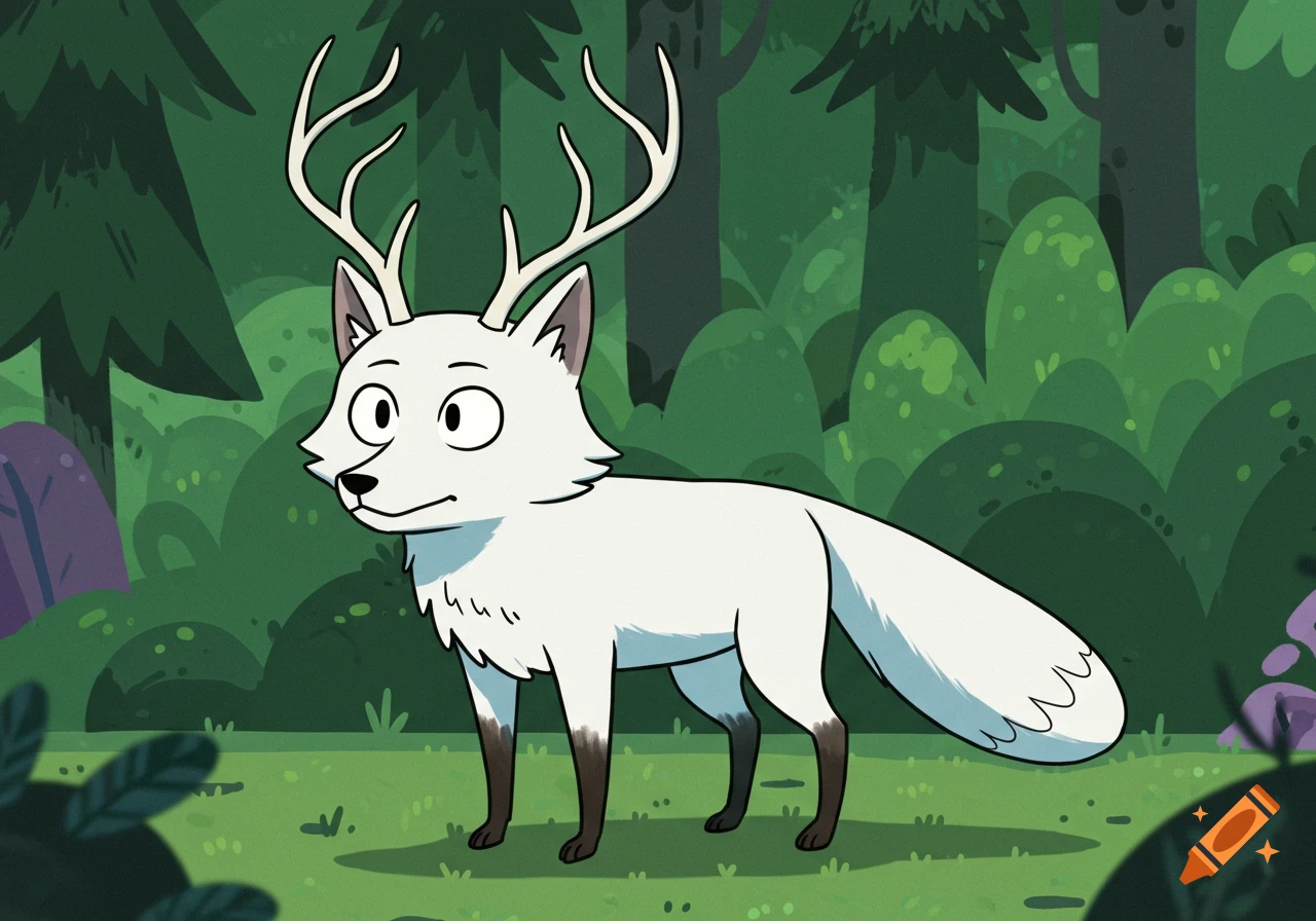 Cartoon white fox with deer antlers standing in a green forest, Hilda ...