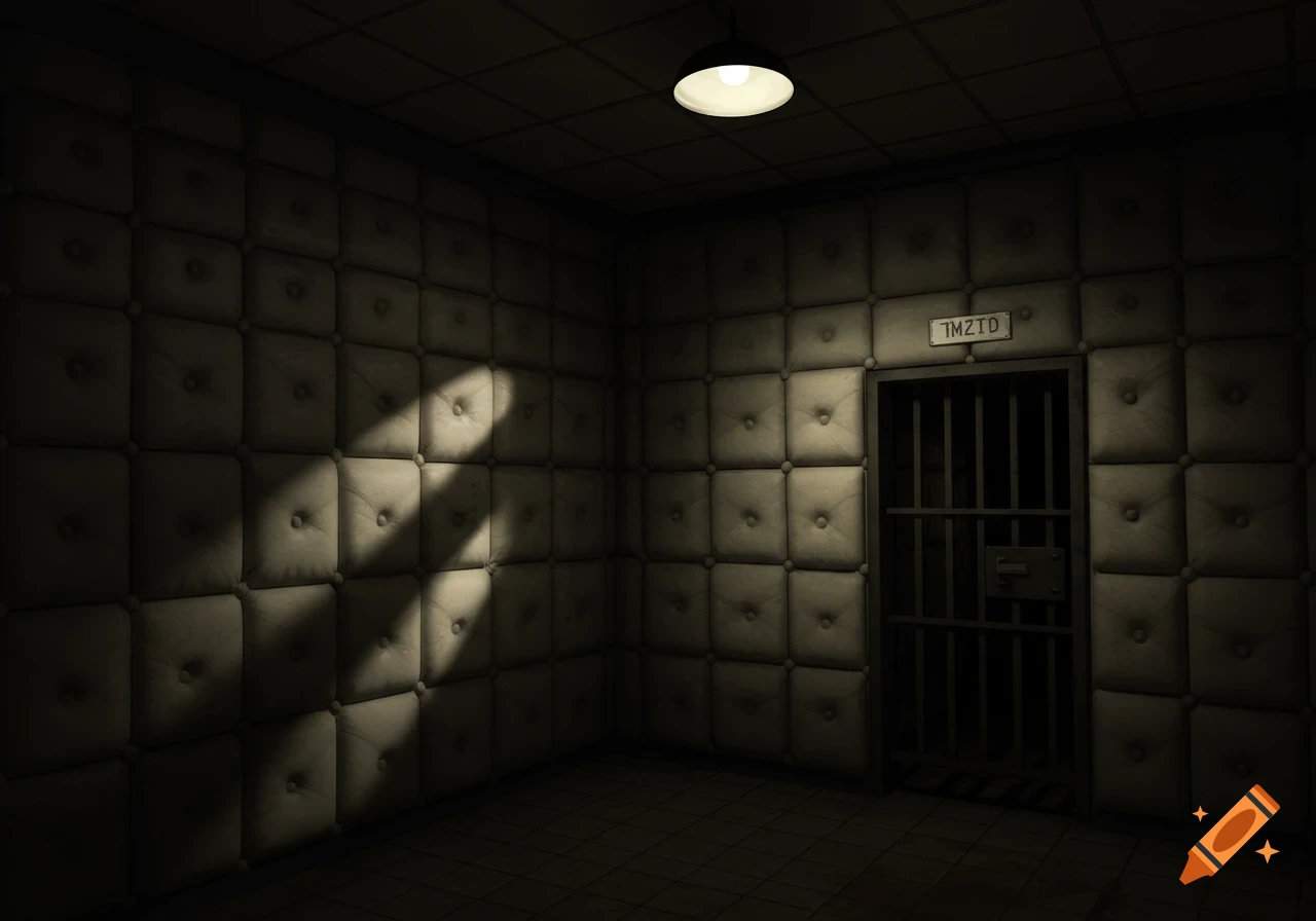 A padded cell with a barred door under a single light, casting sharp ...