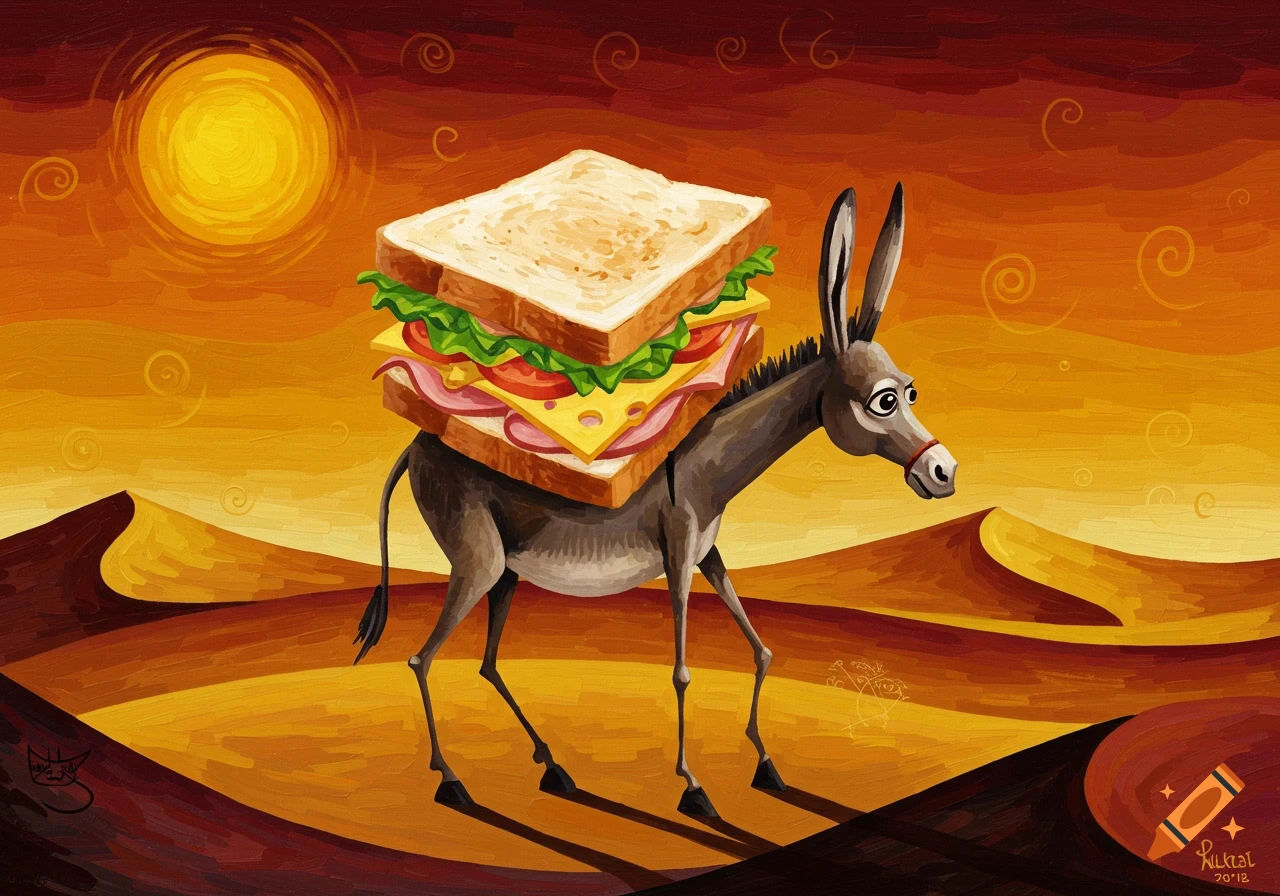 A stylized painting of a donkey carrying a large ham sandwich across a ...