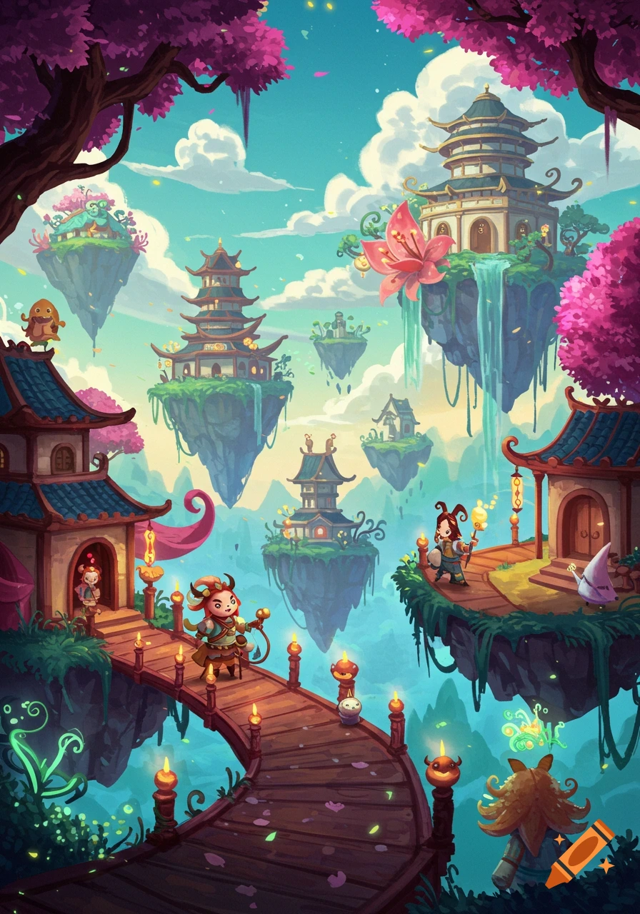 Colorful fantasy illustration of characters on bridges connecting ...