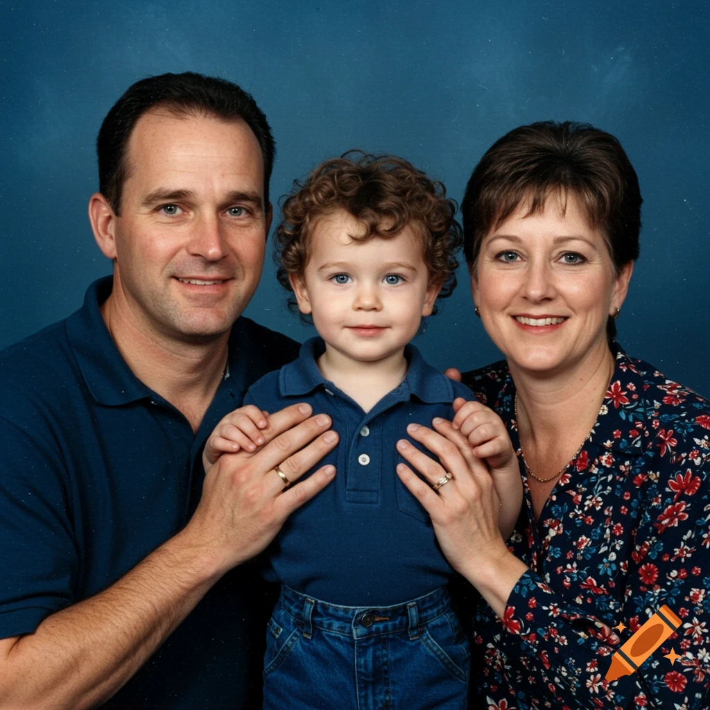 A family portrait featuring a man, woman, and young boy posing against ...