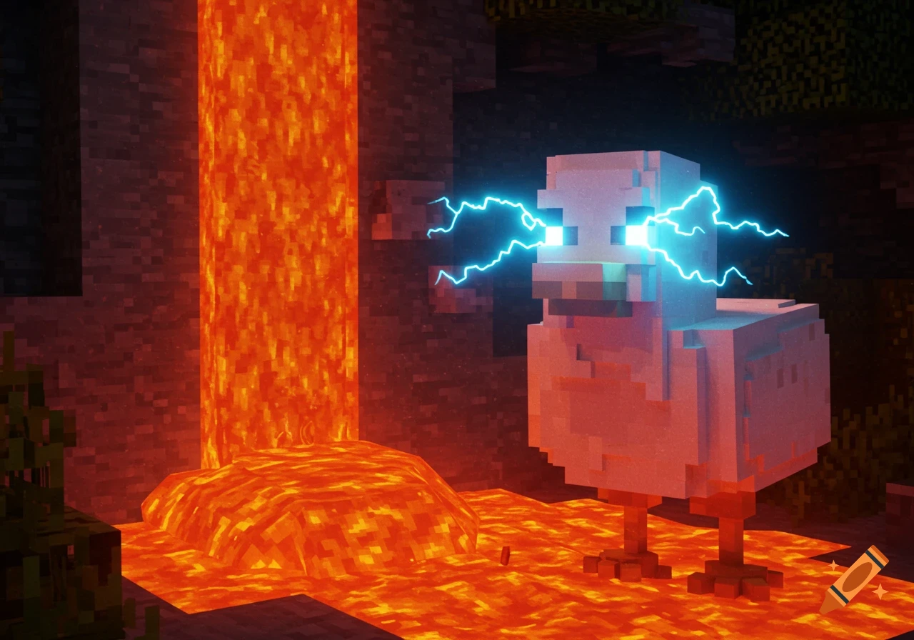A blocky Minecraft chicken with glowing blue electric eye beams stands ...