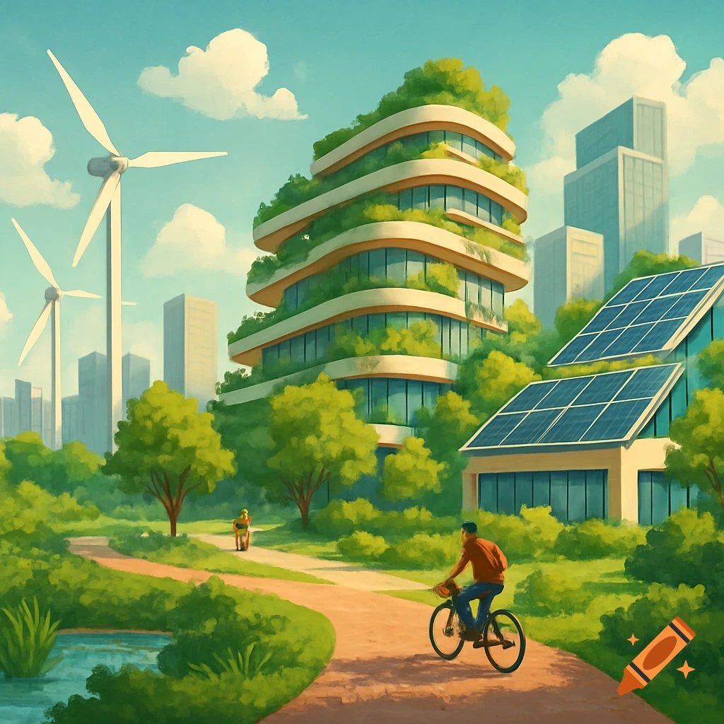 Painting of a sustainable city with green buildings, wind turbines ...