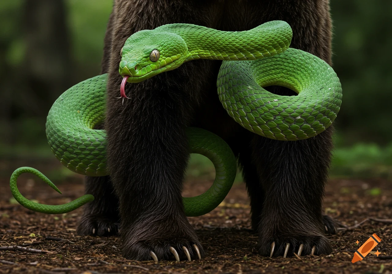 A realistic green snake wrapped around bear legs in a forest. on Craiyon