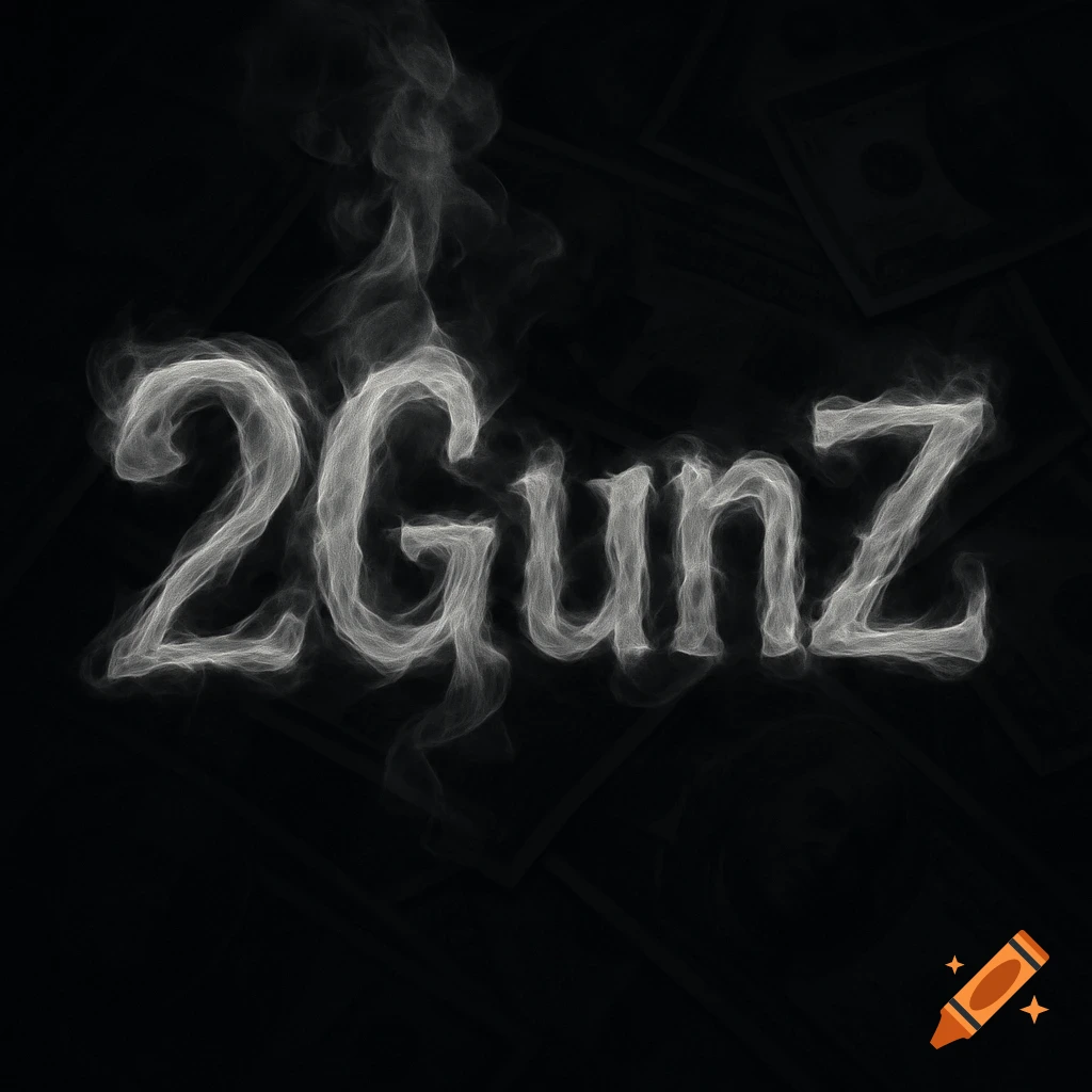 Smoke font '2GunZ' on a dark background with faint money. on Craiyon