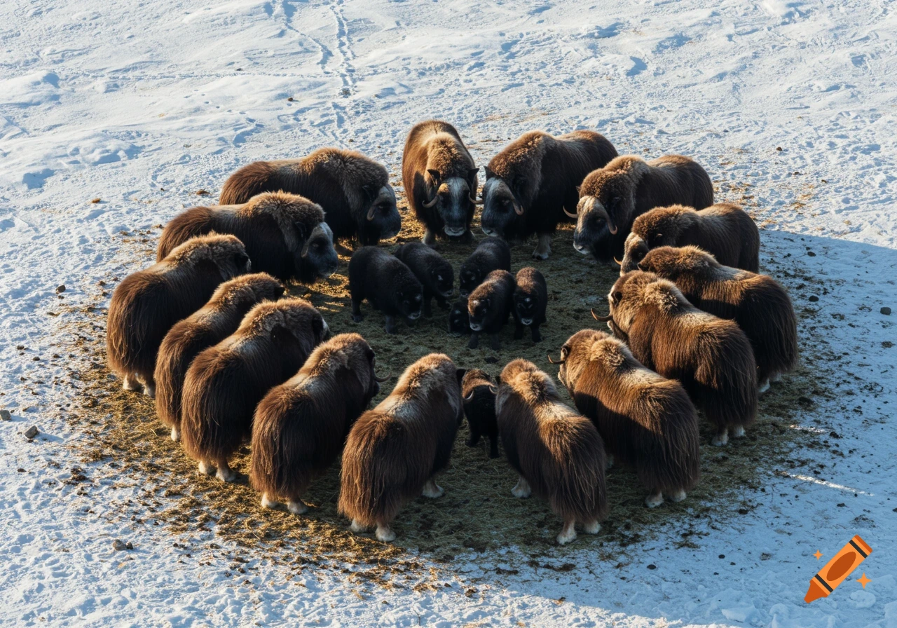 Herd of musk oxen in a defensive circle in the snow on Craiyon