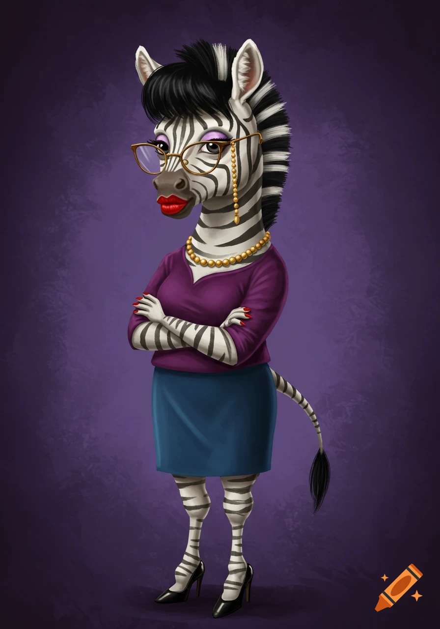 Illustration of an anthropomorphic zebra with black hair, red lipstick ...