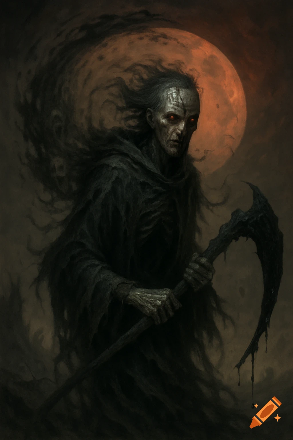 A gaunt, skeletal figure in a dark robe holds a scythe under a blood ...