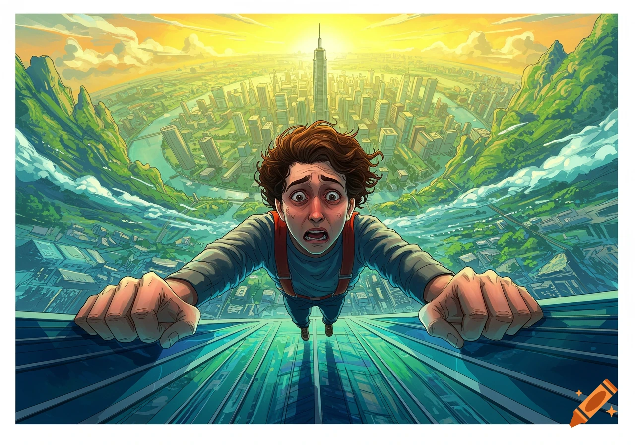 Scared man hangs from a tall building overlooking a city, illustration ...