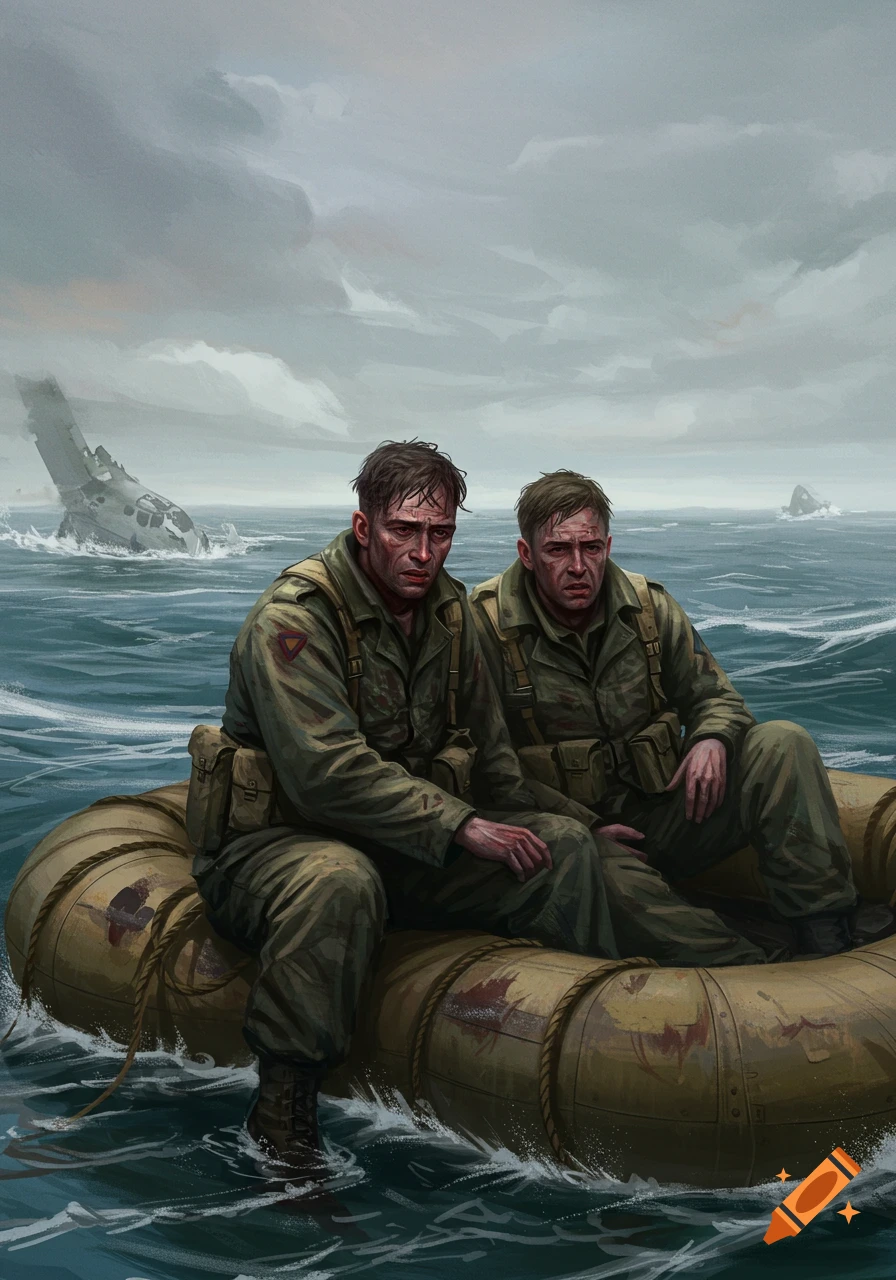 Two soldiers in a life raft in rough seas near a crashed plane wreck ...