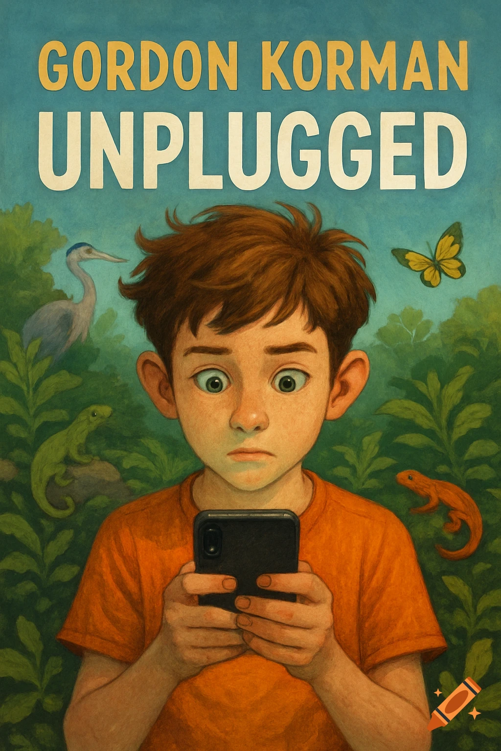 Illustration of a boy looking at a phone with nature around him and ...