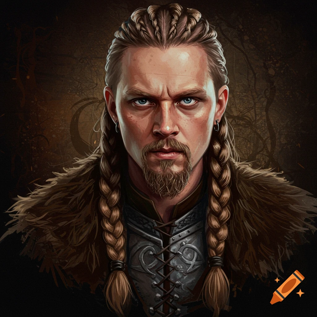 Fantasy illustration of a man with braided hair, beard, armor, and fur ...