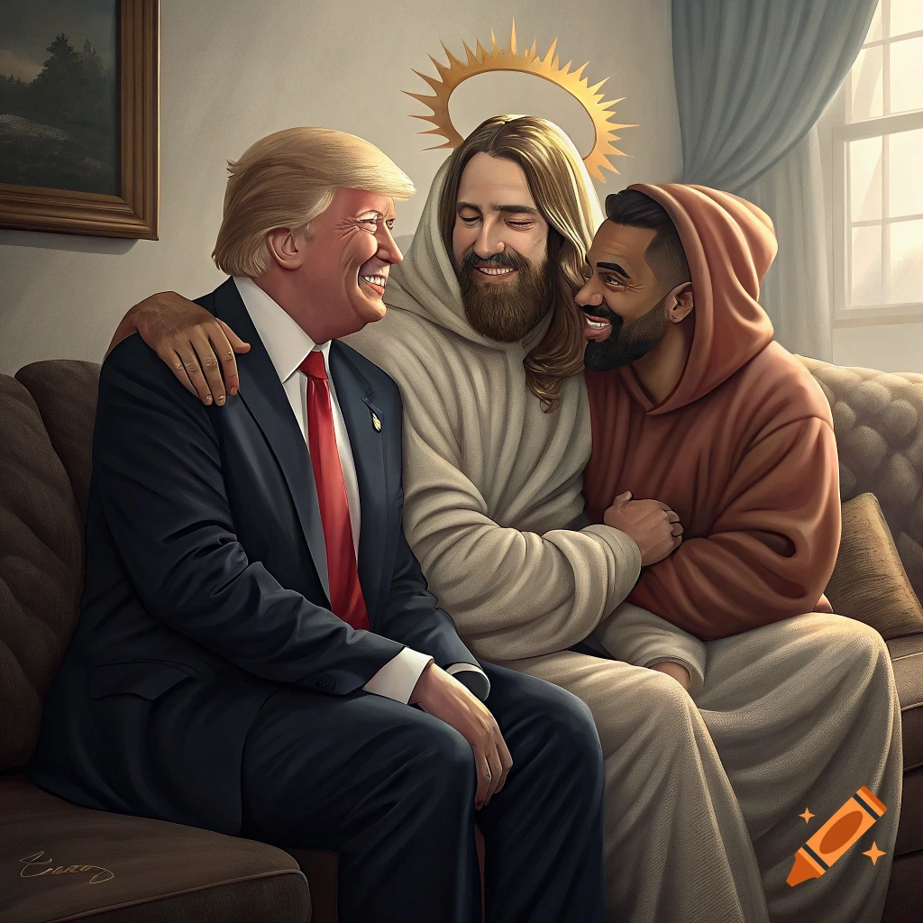 Donald Trump, Jesus, and Drake sitting together on a couch and smiling ...