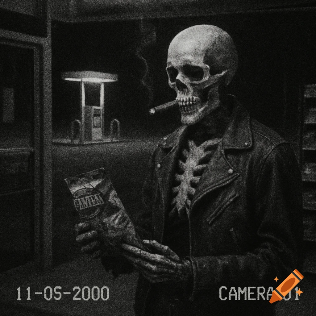 A skeleton in a leather jacket smokes a cigar and holds a bag of chips ...