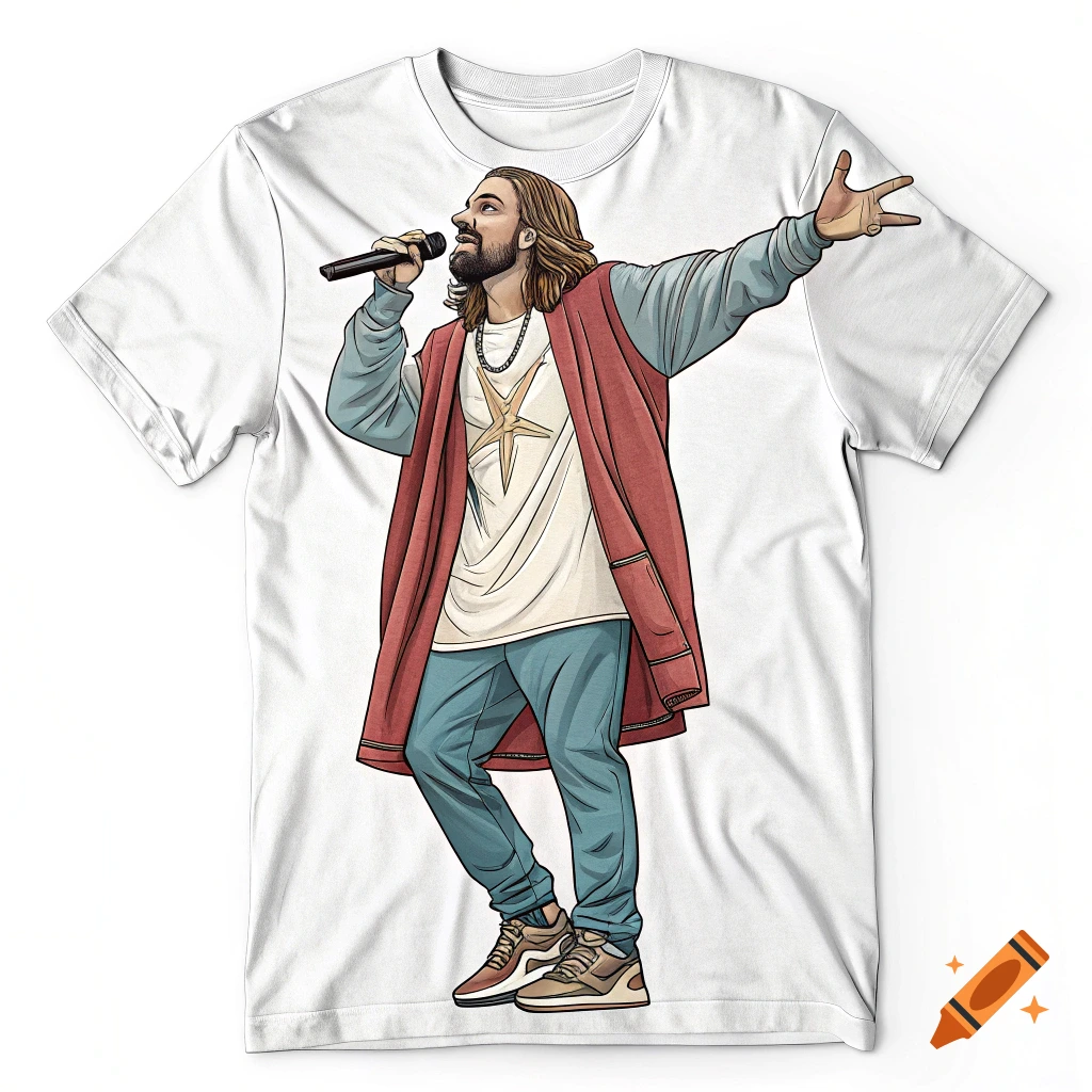 Illustration of a figure resembling Jesus rapping on a white t-shirt ...