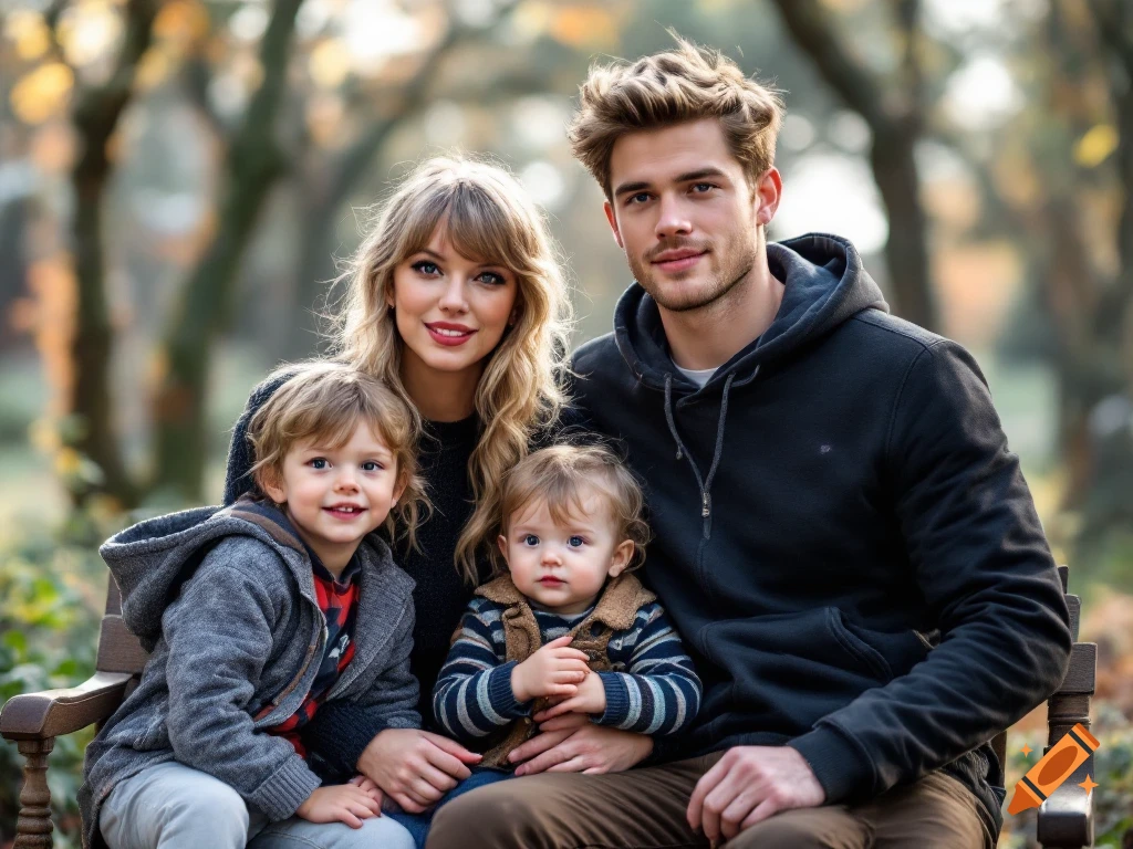 A family portrait of a couple and two young children sitting on a bench ...