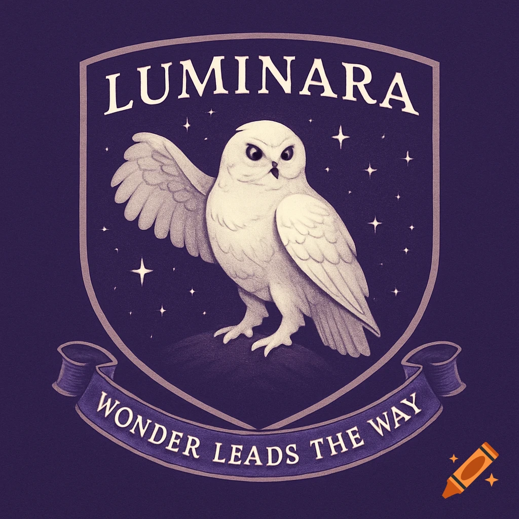 Deep purple school crest with a snowy owl, stars, and banner reading ...
